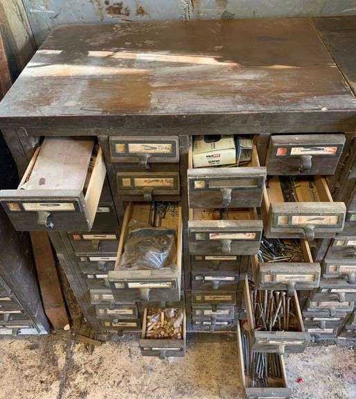 36 Drawer Hardware Storage Cabinet w/ items in drawers - Sherwood Auctions