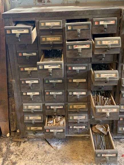 36 Drawer Hardware Storage Cabinet w/ items in drawers - Sherwood Auctions