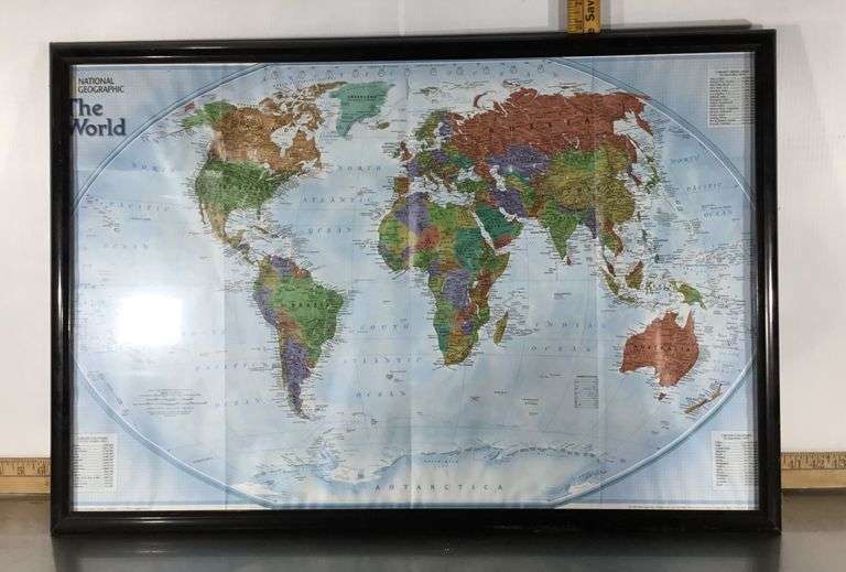 2004 National Geographic Framed Map of the World - Sherwood Auctions