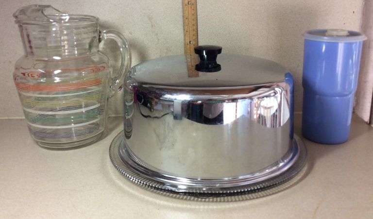 Chrome Glass Cake Keeper Server, Water Pitcher & Lg. Tupperware Lidded ...