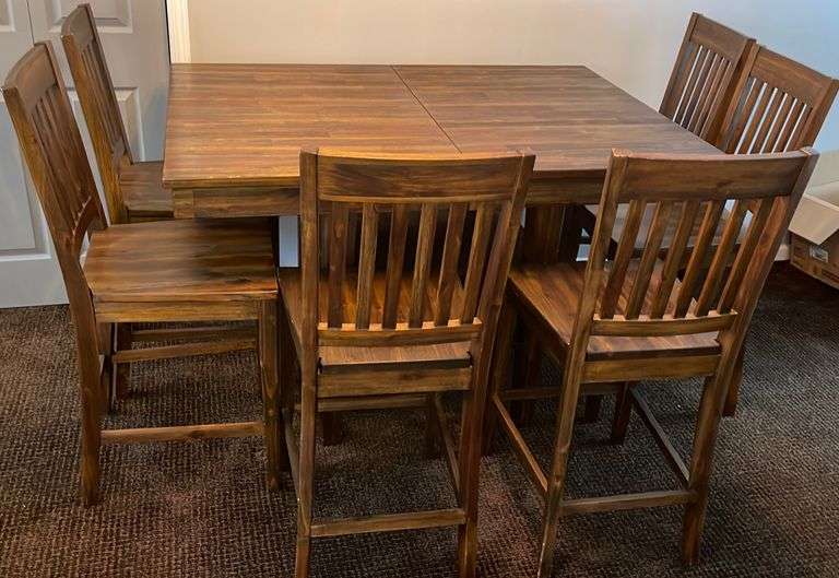 Tall Rustic Farmhouse Wooden Dining Table w/ 6 Tall Chairs - Sherwood ...