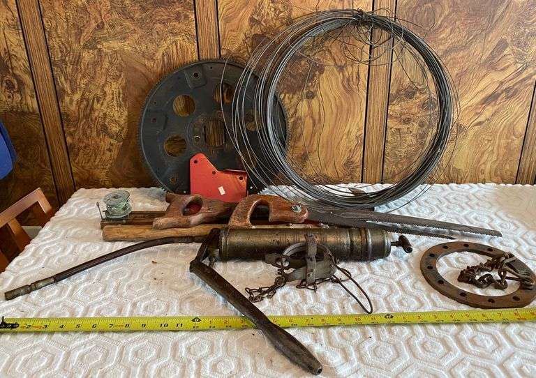 Saws, Grease Gun, Wire, Small Game Trap, Etc. - Sherwood Auctions