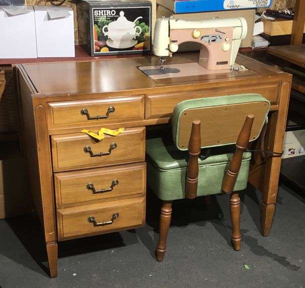 Necchi Sewing Machine, Table and Chair with Contents - Sherwood Auctions