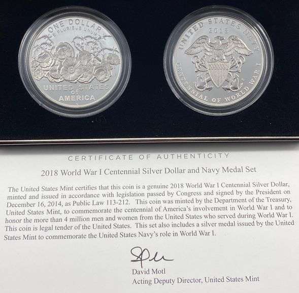 2018 U.S. Mint World War I Centennial Silver Dollar and Navy Medal Set ...