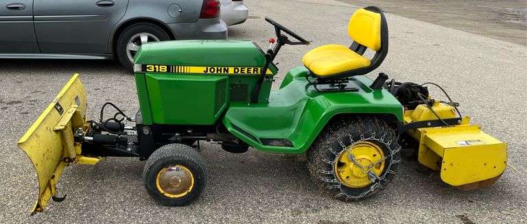 1991 John Deere 318 w/ 4 Way Snow Blade & Rototiller - Sherwood Auctions