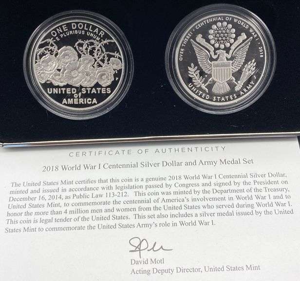 2018 U.S. Mint World War I Centennial Silver Dollar and Army Medal Set ...
