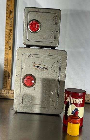Two Mini Safes, Calumet Baking Powder Container & Kodak Film Holder ...