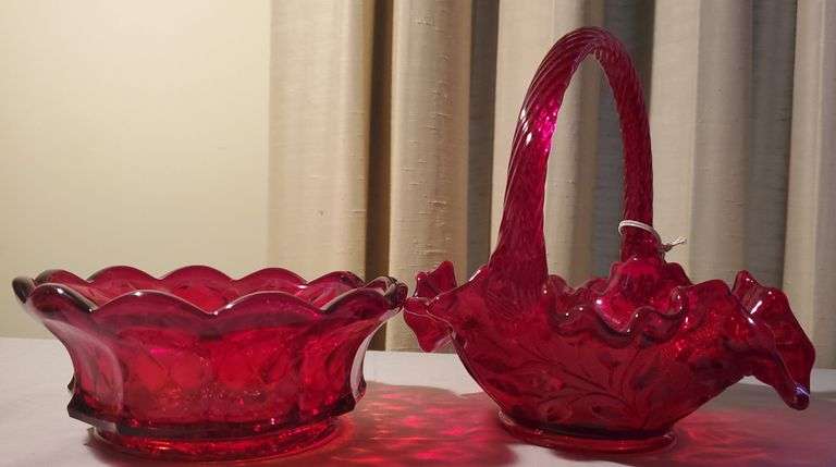 Fenton Ruby Red Glass Basket & Fenton Ruby Red Grapes & Leaves Bowl ...