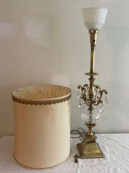 Mid-Century Heavy Brass & Crystal Torch Lamp w/ Shade - Sherwood Auctions