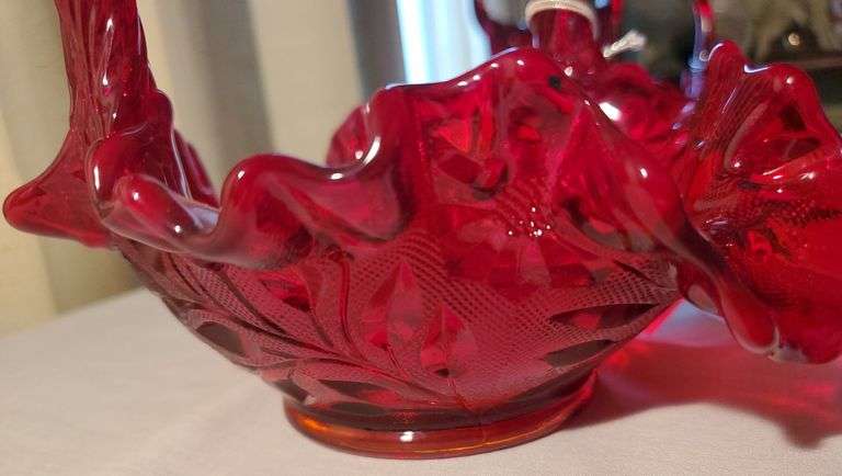Fenton Ruby Red Glass Basket & Fenton Ruby Red Grapes & Leaves Bowl ...