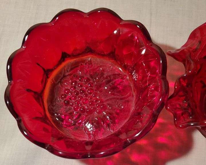 Fenton Ruby Red Glass Basket & Fenton Ruby Red Grapes & Leaves Bowl ...