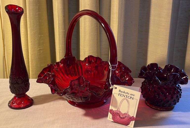Fenton Ruby Red Ruffled Basket, tall Vase & small Vase - Sherwood Auctions