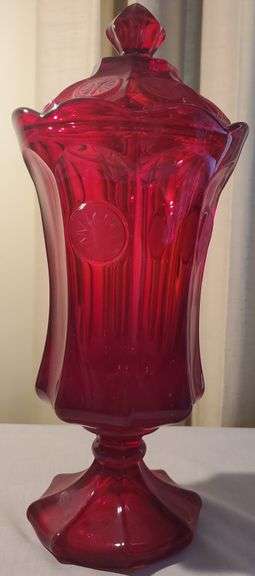 Fostoria Ruby Red Coin Glass Large Footed Urn w/ Lid - Sherwood Auctions