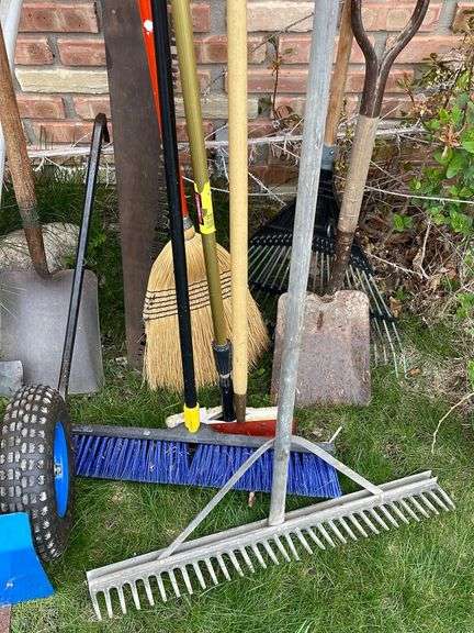 Wheeled Dolly, Axe, Saw, Roofing Rake, Brooms, Leaf Rake, Shovels ...