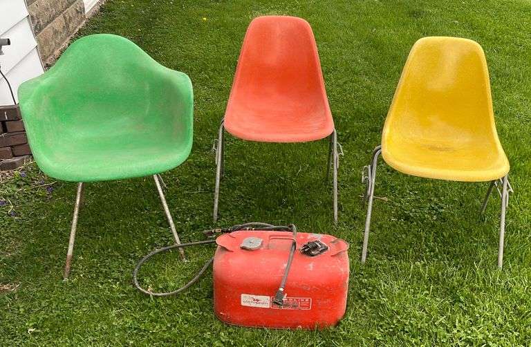 Howard Miller "Eames Style" Fiberglass Chairs & Johnson Fuel Mixer Can ...