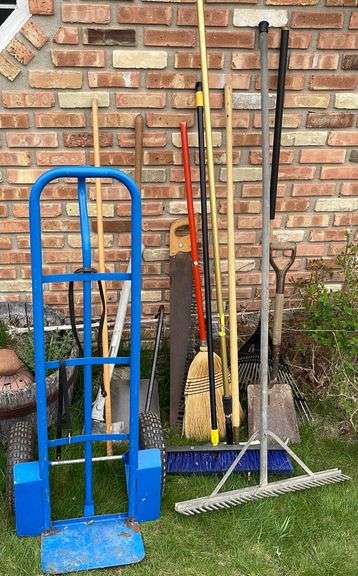 Wheeled Dolly, Axe, Saw, Roofing Rake, Brooms, Leaf Rake, Shovels ...