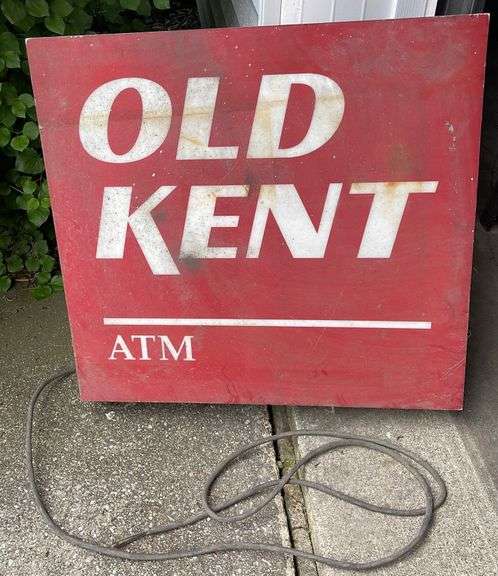 Old Kent Bank ATM Sign, 23x25, needs work - Sherwood Auctions