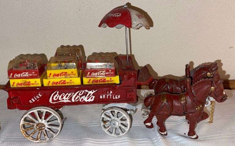 Cast Iron Coca Cola Wagon, 2 Horses & Coke Crates w/ Bottles + Cast ...