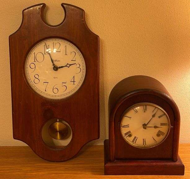 Wooden Waltham Quartz Wall Clock & Wooden Antique Mantle Clock w/ Key ...