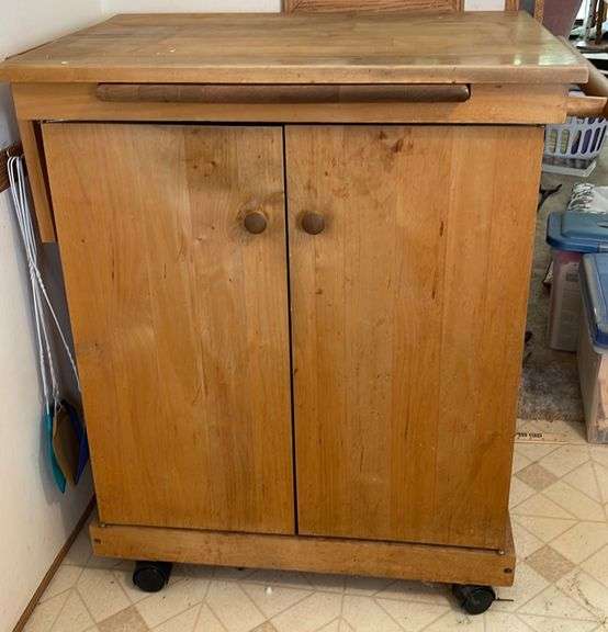 Wooden Butcher Block Cabinet on Wheels - Sherwood Auctions