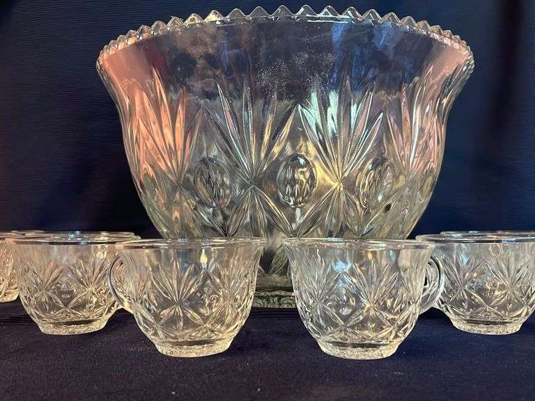 Etched Glass Punch Bowl & Matching Cups - Sherwood Auctions