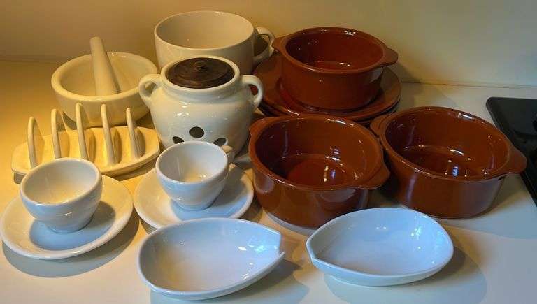 Apilco White Ceramic Tableware Set & Rust Colored Soup Bowls & Plates ...