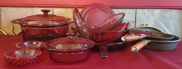 Corning Visions Cranberry Cookware & Aluminum pans - Sherwood Auctions