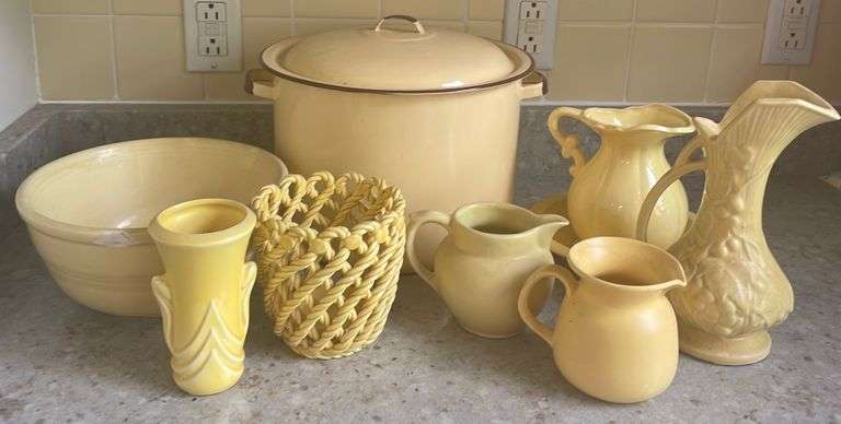 McCoy Yellow Pitcher, Yellow Enamel Stock Pot w/ Lid + Yellow Ceramics ...