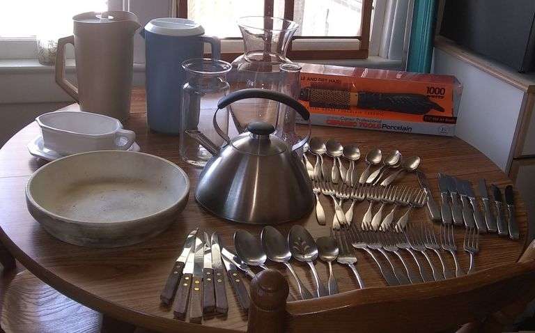 Stainless Steel Flatware, Vases, Tea Kettle, Primitive Bowl, Tupperware ...
