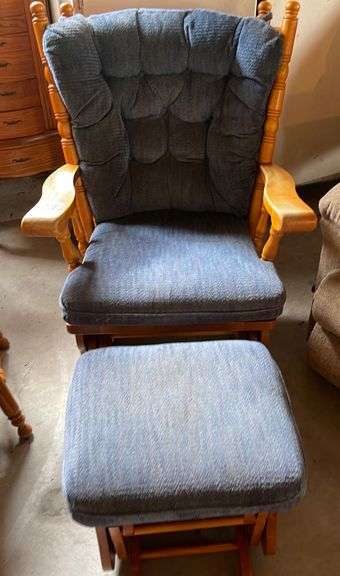 Wooden Glider Rocker w/ Cushions + Footstool - Sherwood Auctions