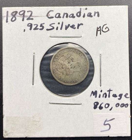 1892 Canada .925 Silver 5 Cent coin - Sherwood Auctions