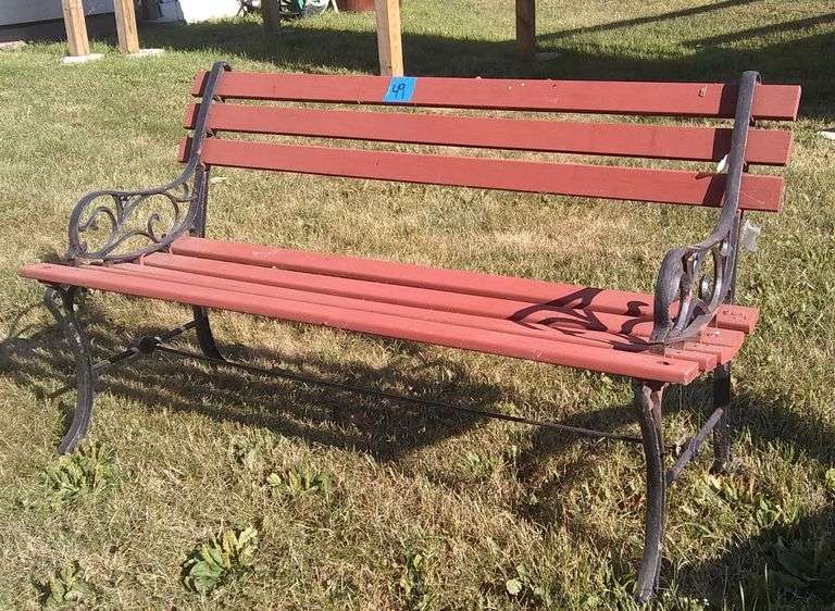 Ornate Metal Red Wooden Outdoor Bench - Sherwood Auctions