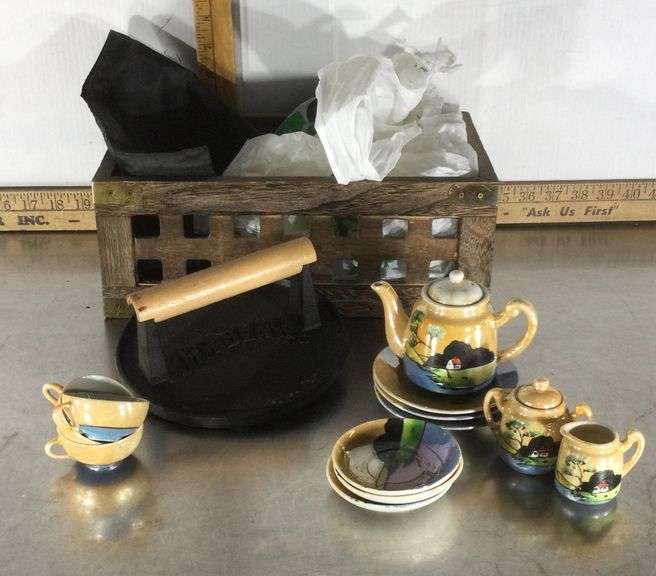 Jim Beam Burger Press, Tiny Tea Set and Wood Crate - Sherwood Auctions