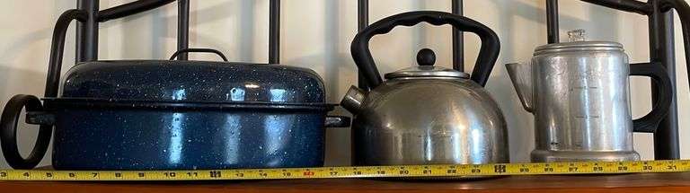 Two Kettles + Blue Speckled Roasting Pan - Sherwood Auctions
