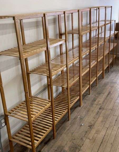Slatted Wood Shelving Unit w/ Plexiglass Pieces 140” Long, 55” Tall ...
