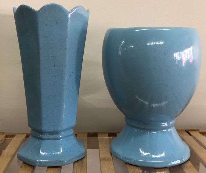 Frankoma Blue Pottery: 2 Footed Bowls, Vase, Pedestal Urn and Bell ...