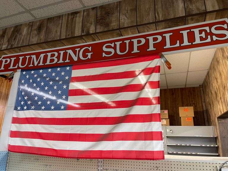 Plumbing Supplies Wood Sign 8' long + American Flag - Sherwood Auctions