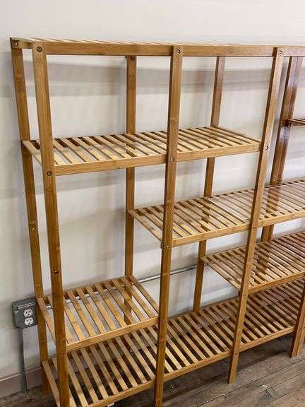 Slatted Wood Shelving Unit w/ Plexiglass Pieces 140” Long, 55” Tall ...