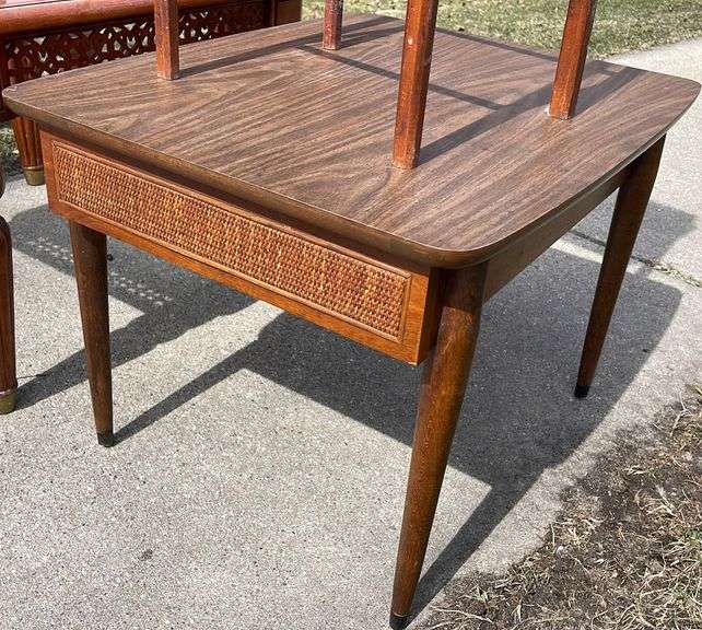 1950’s End Table, Two End Tables & Tall Wood Stand - Sherwood Auctions