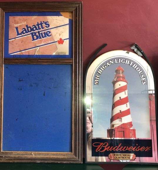 Labatt’s Mirror 17.5” x 31”, Budweiser Michigan Lighthouse Mirror 14” x ...