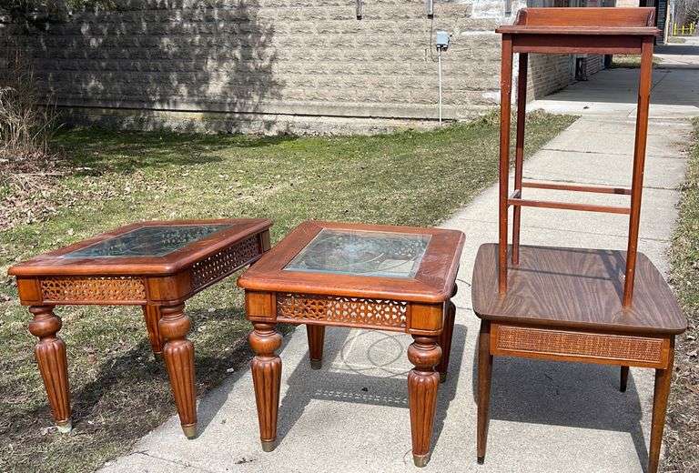 1950’s End Table, Two End Tables & Tall Wood Stand - Sherwood Auctions