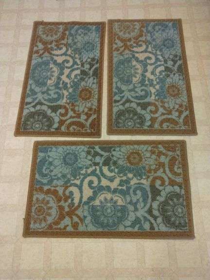 Three Teal & Brown Throw Rugs (34" x 20") - Sherwood Auctions