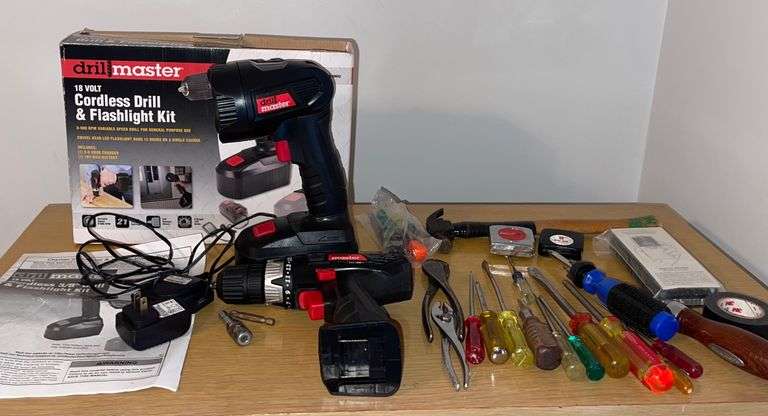 Drill Master 18 Volt Cordless Drill & Flashlight Set, Screwdrivers ...