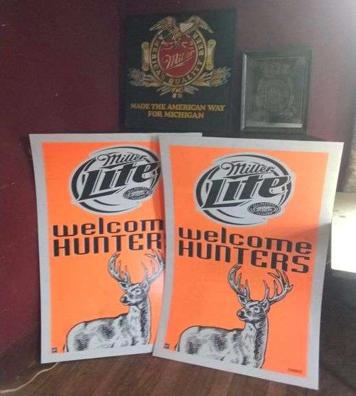 Miller Sign 28” x 27.5”, Miller Light Mirror 15” x 18” + Two Miller ...