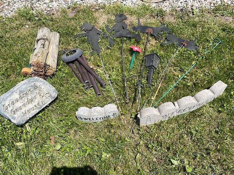 Metal Yard Decor, Wind Chimes + Cement Yard Signs - Sherwood Auctions