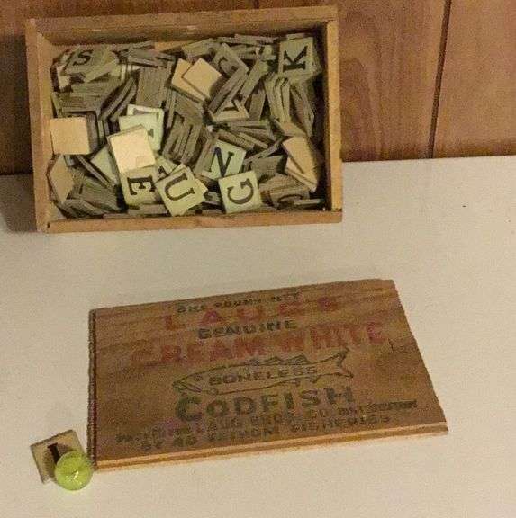 Retro Scrabble Letters in Codfish Box - Sherwood Auctions