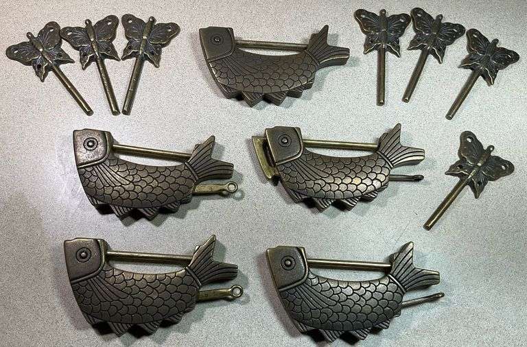 5 Vintage Asian Solid Brass Koi/Carp Cabinet/Chest Locks with Slide ...