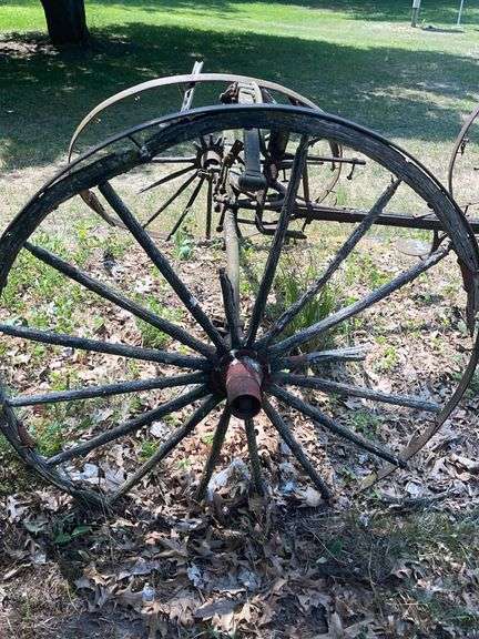 Yard Art Wagon Frame w/ Four Steel Wagon Wheel Frames - Sherwood Auctions