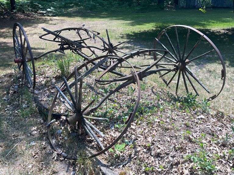 Yard Art Wagon Frame w/ Four Steel Wagon Wheel Frames - Sherwood Auctions