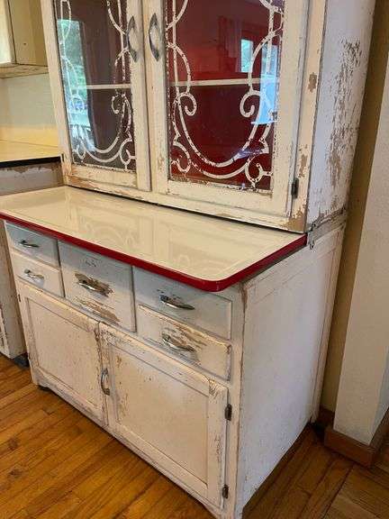 1940’s Farmhouse Red & White Enamel Top Hoosier Cabinet w/ Glass Doors ...